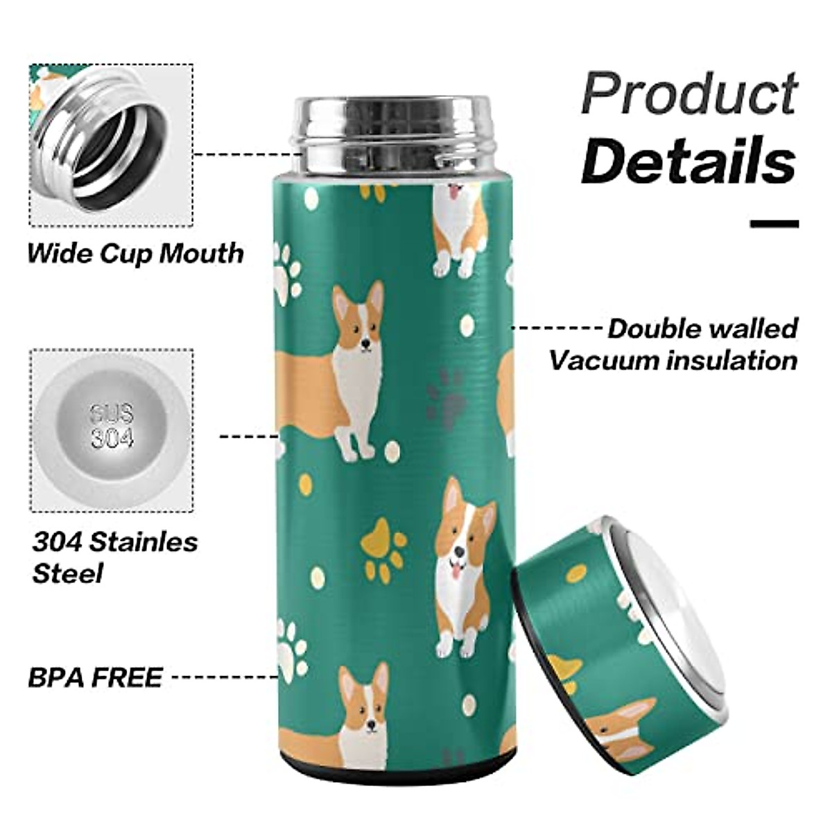 CaTaKu Small Water Bottle 12 oz, Green Corgi Footprint Insulated Water Bottle for Water Coffee Tea Stainless Steel Flask Thermos Bottle Reusable Wide Mouth Vacuum Travel Mug