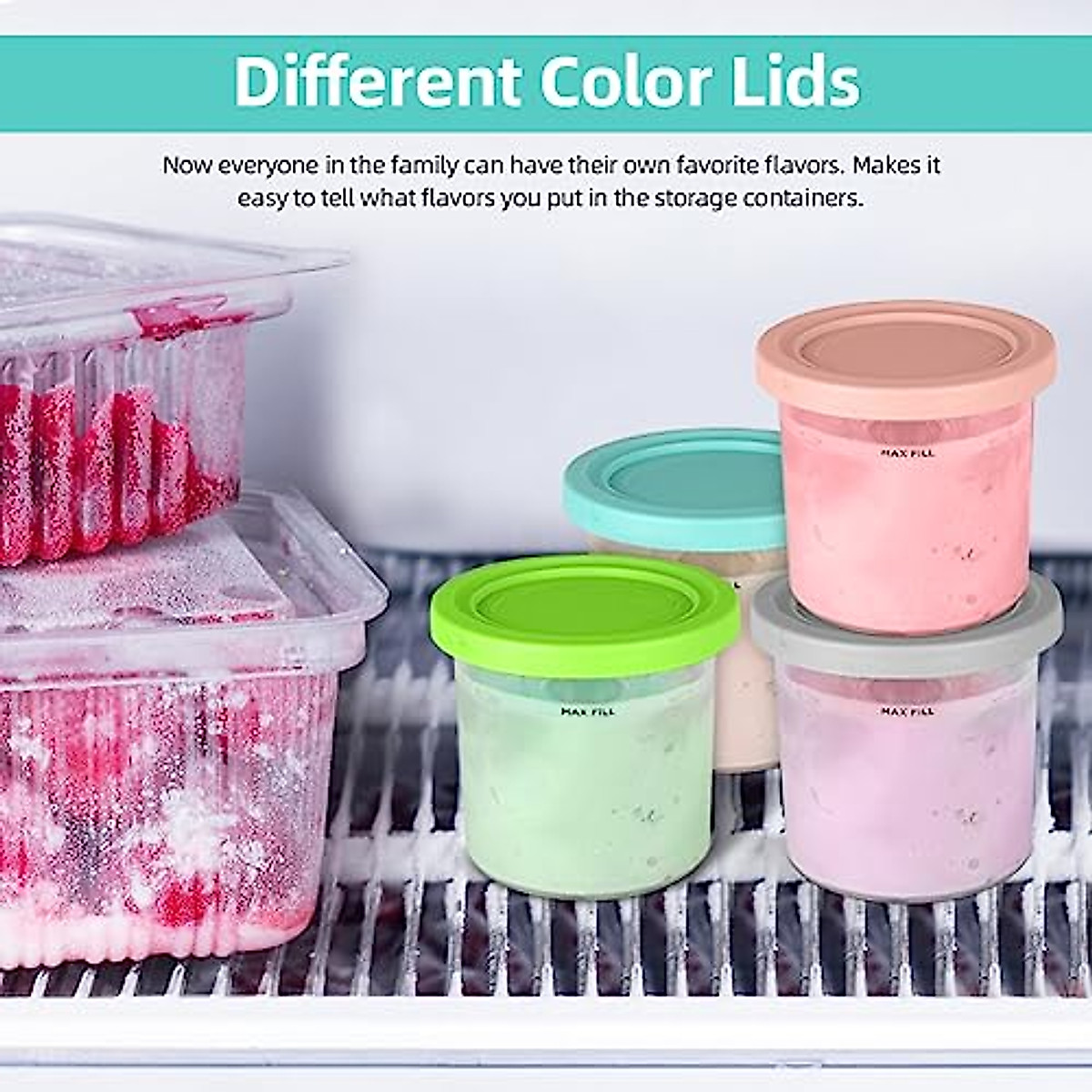 HOTUT Ninja Creami Containers,4 Pack Replacement Pints and Lids+4 Scoops Dishwasher Safe Compatible with NC301,NC300,NC299AMZ,CN305A and CN301CO Series Ninja Ice Cream Makers (Not Fit for NC501)