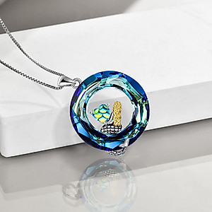 POPKIMI Mermaid Necklace Mermaid Scales 925 Sterling Silver Crystal Pendant Mermaid Jewelry I Love You Forever Jewelry Birthday Christmas Gift for Women Girls (Mermaid Necklace with Blue Circle Crystal)