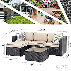 Shintenchi Outdoor Wicker Patio Sofa Set, Black All-Weather Rattan Small Sectional Patio Set and Chaise Lounge w/ Glass Table and Washable Couch Cushions Patio Conversation Set (3 Piece,Brown/Black)