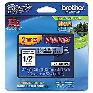 Brother Tze1312pk Tze Standard Adhesive Laminated Labeling Tapes, 1/2-Inch W, Black On Clear, 2/Pack