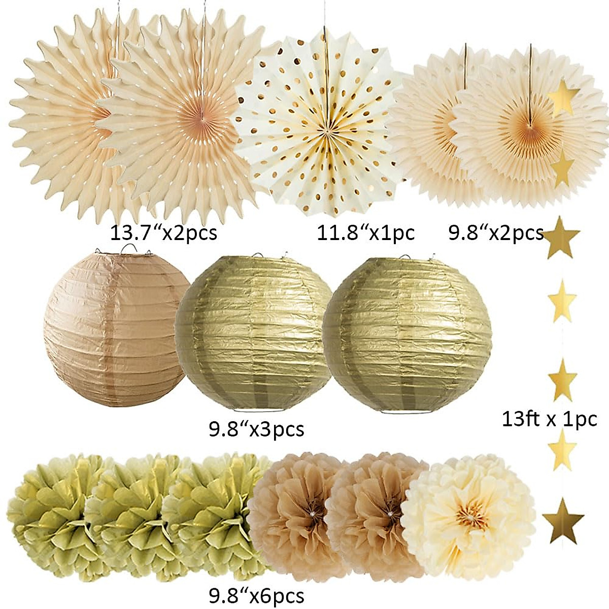 Brown Gold Party Decorations Paper Lanterns Cream Tissue Paper Pom Poms Flowers with Star Garland for Brown Birthday Party Rustic Wedding Baby Shower Retirement Gold Graduation Decorations