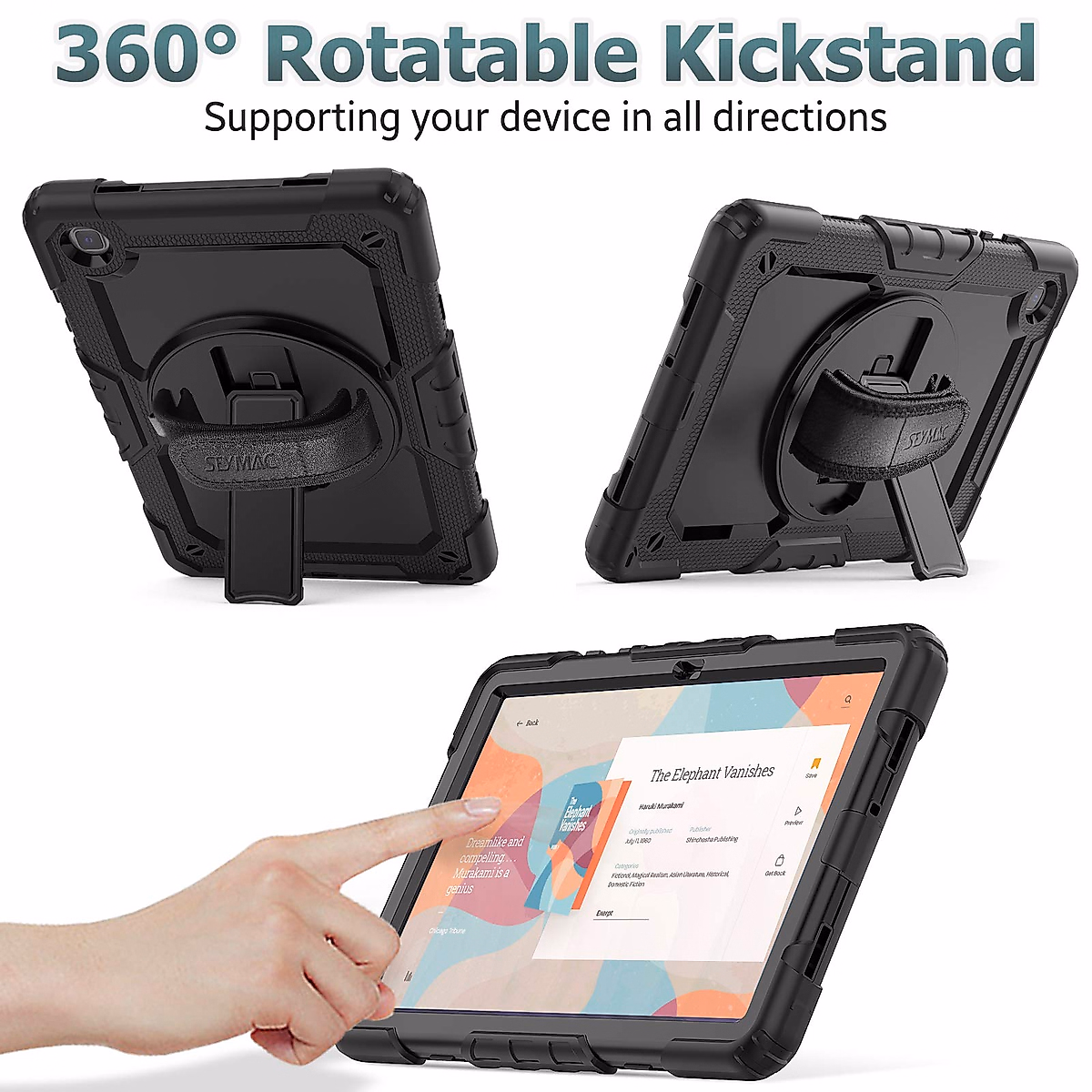 SEYMAC stock Case for Samsung Galaxy Tab A7 10.4 2022/2020 (T503/T509/T500/T505/T507) with Screen Protector, 360 Rotating Stand & Hand Strap, Drop-Proof Case, Black