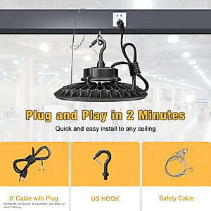 JC-LGL UFO LED High Bay Light 300W 4Pack,High Lights 45,000LM(1250W MH/HPS Eqv.) Dimmable 6' Cable with Plug,Hanging Hook,Safe Rope,ETL Listed for Warehouse Factory Barn Shop,Black