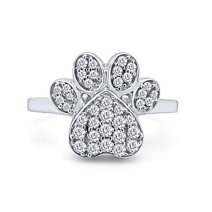 AFFY Round Shape White Cubic Zirconia Dog Pawprint Ring in 14k White Gold Over Sterling Silver (0.4 cttw) Ring Size-5.5