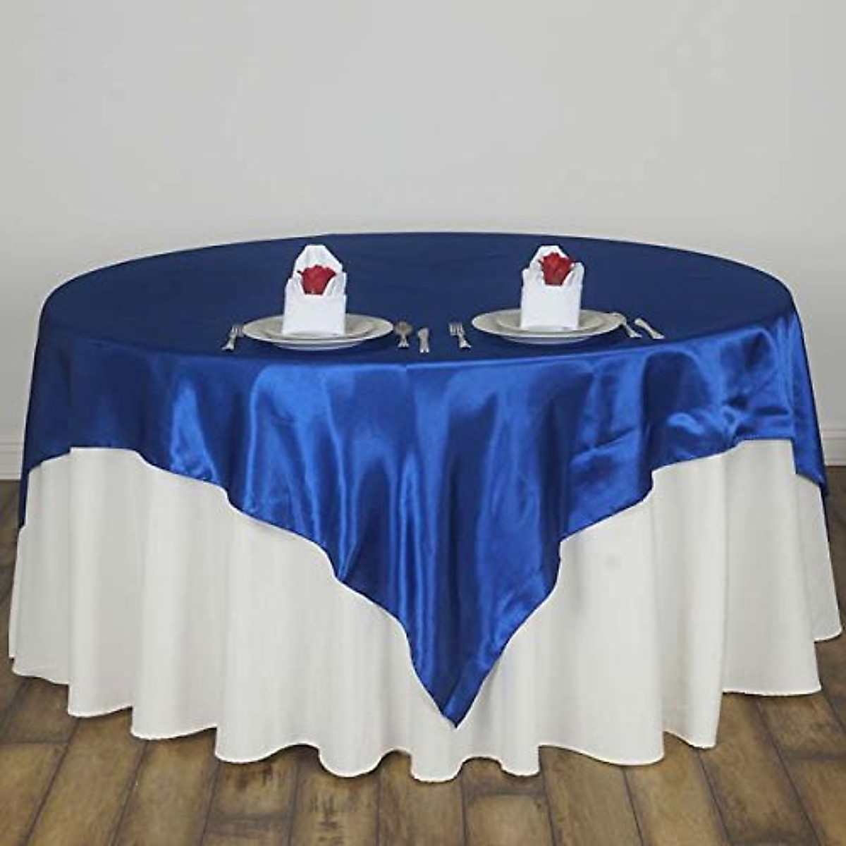 TABLECLOTHSFACTORY 90" Satin Square Table Overlay for Wedding Catering Party Table Decorations Royal Blue (Table Toppers)