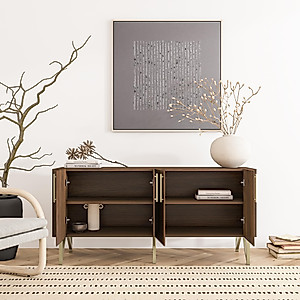 Tilly Lin 65" Mid Century Modern TV Stand, Modern Credenza Sideboard Buffet Cabinet, Walnut Media Console for Living Room, Boho Entertainment Center with Storage, Gold Metal Legs