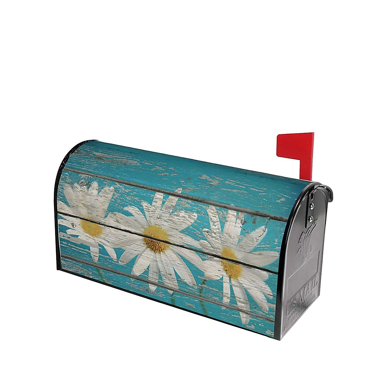 Rustic Spring Daisy Mailbox Covers Magnetic Standard Size 21x18 Inch Teal Old Wood Board Mailbox Decals Mailbox Wrap Post Letter Box Cover Mailbox Post Cover for Garden Yard Decor