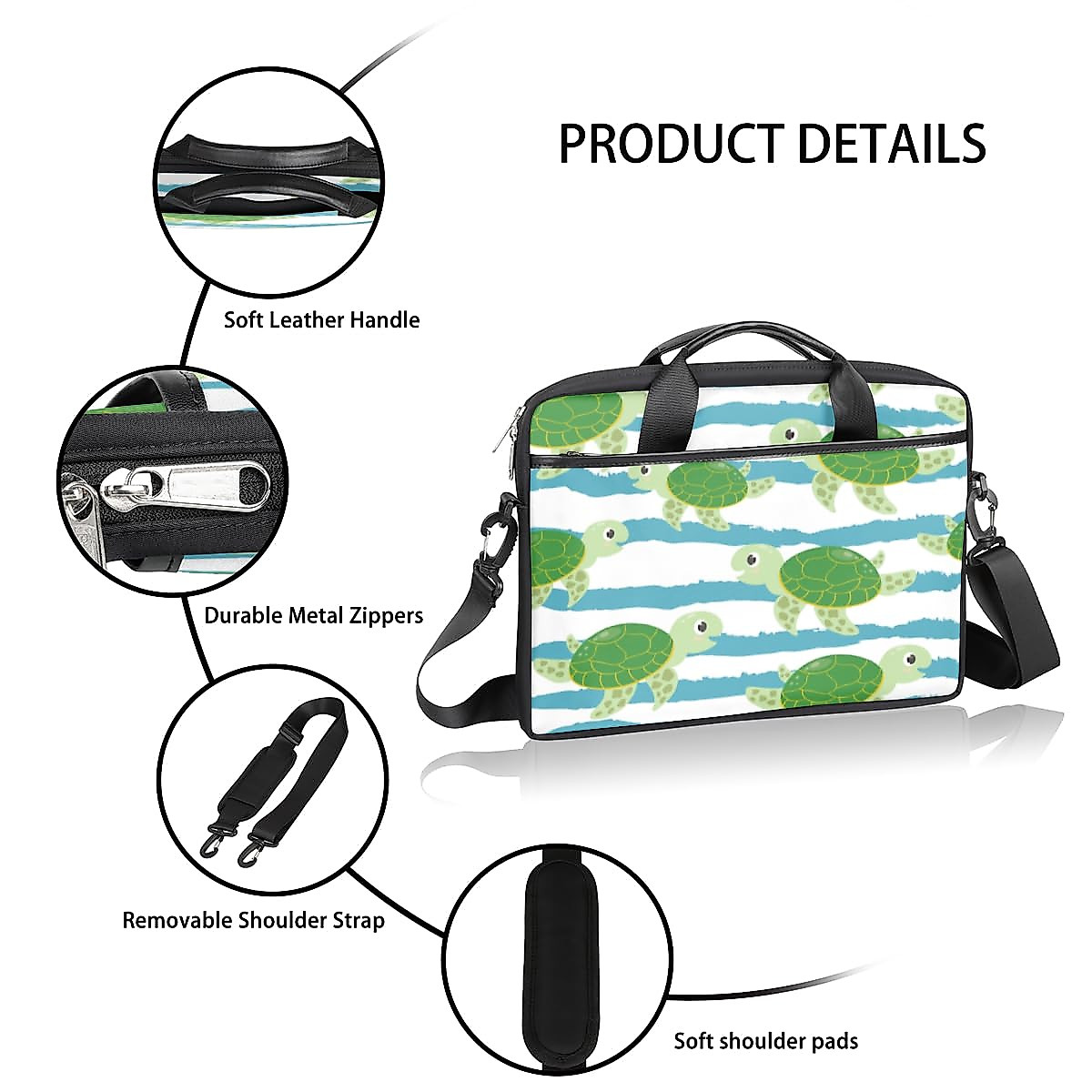 Cartoon Turtle Stripe Laptop Computer Bag Waterproof Shoulder Messenger Bag 13-15 inch Durable Laptop Tote Bag with Shoulder Strap Handle Lightweight Crossbody Briefcase