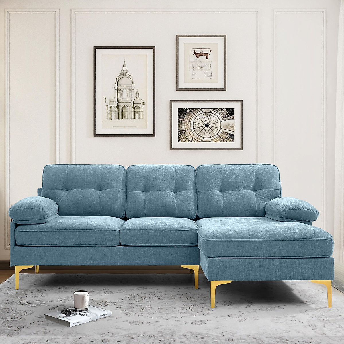 KIMOHOME Convertible Sectional Sofa Couch, L-Shape Sofa Couch with Reversible Chaise for Small Space, Mid Century Modern Fabric Couches for Living Room, Light Blue