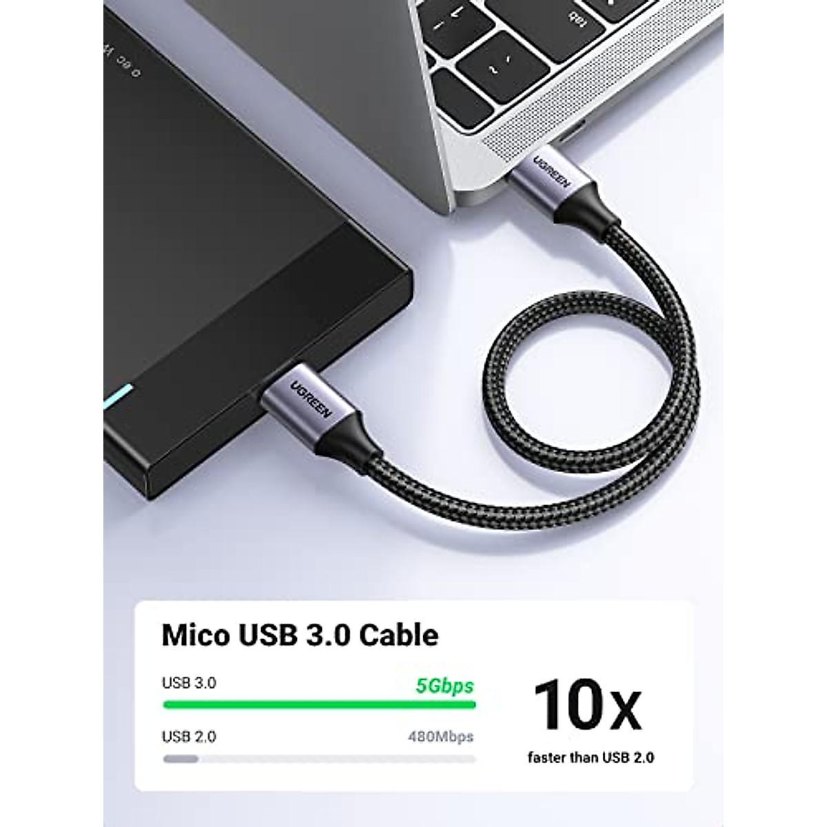 UGREEN Micro USB 3.0 Cable, USB 3.0 A to Micro B Cord Nylon Braided External Hard Drive Cable Compatible with Samsung Galaxy S5, Note 3/Pro 12.2, Western Digital, Toshiba, My Passport, etc 1.5 FT