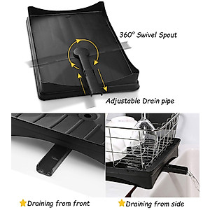 DOUBLE 2 C Dish Drying Rack, Stainless Steel Dish Drainer for Kitchen, Small Dish Drainer Rack for Kitchen Counter, Set of Rustproof Dish Rack and Drainboard (Black)