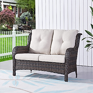 Rilyson Outdoor Patio Couch Wicker Sofa - 3 Seater Rattan Sofa for Outside Patio Garden Porch with Deep Seating and Cushions(Brown/Blue)