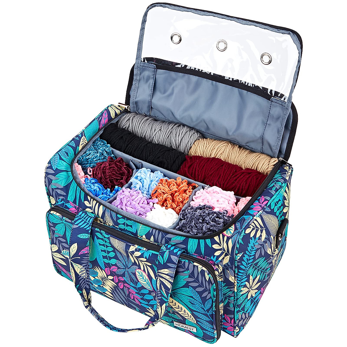HOMEST Yarn Storage Bag, Knitting Tote with Removable Inner Dividers, Floral