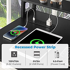 GreenForest Computer Desk with USB Charging Port and Power Outlet, Home Office Desk with Monitor Stand and Reversible Storage Shelves for Small Space, 47 inch Work Desk with Cup Holder and Hook, Black