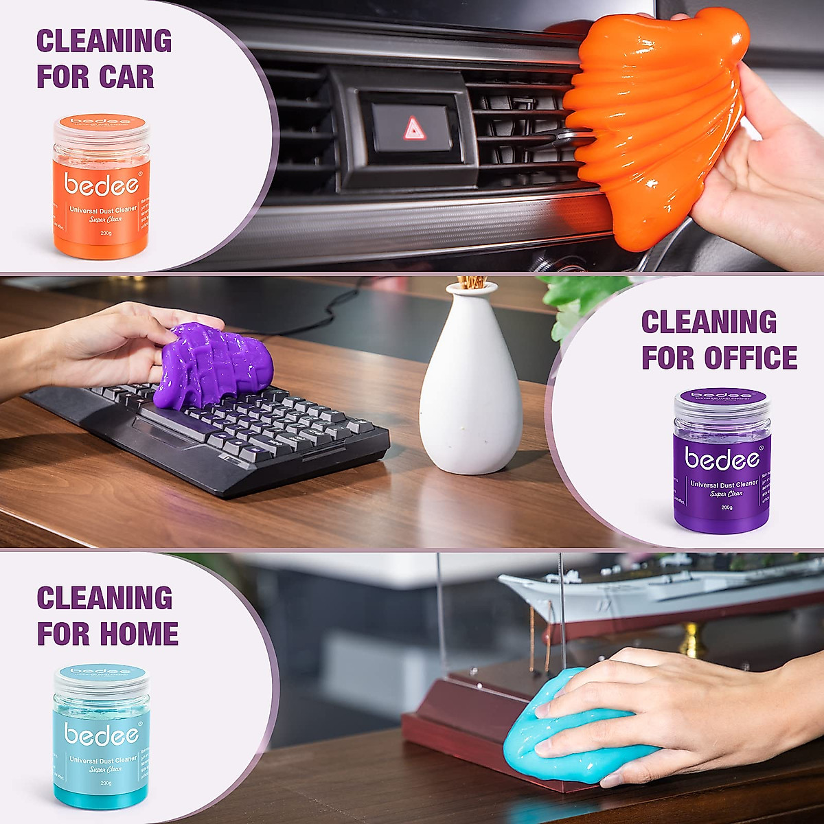 bedee Car Cleaning Gel Cleaning Putty: 2023 Upgraded Keyboard Cleaner Gel 3 Pack High Efficient Cleaning Reusable No Sticky Hands Dust Cleaning Gel for Car Interior Air Vent Keyboard Camera Printer