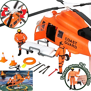 Click N' Play Toy Helicopter Set, Coast Guard Rescue Helicopter for Kids, 13-Piece Play Set Including Coast Guard Action Figures & Accessories, Orange