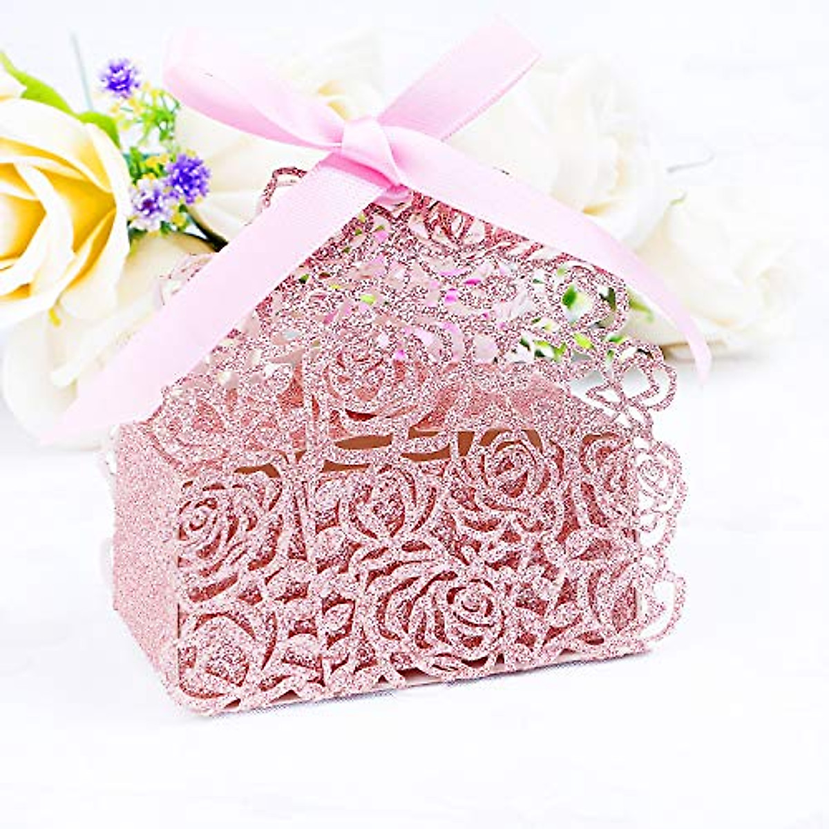 PONATIA 50 PCS Laser Cut Rose Gold Glitter Boxes with Pink Ribbons Wedding Party Favor, Wedding Gift Bags Chocolate Candy and Gift Boxes(Rose Gold Glitter)
