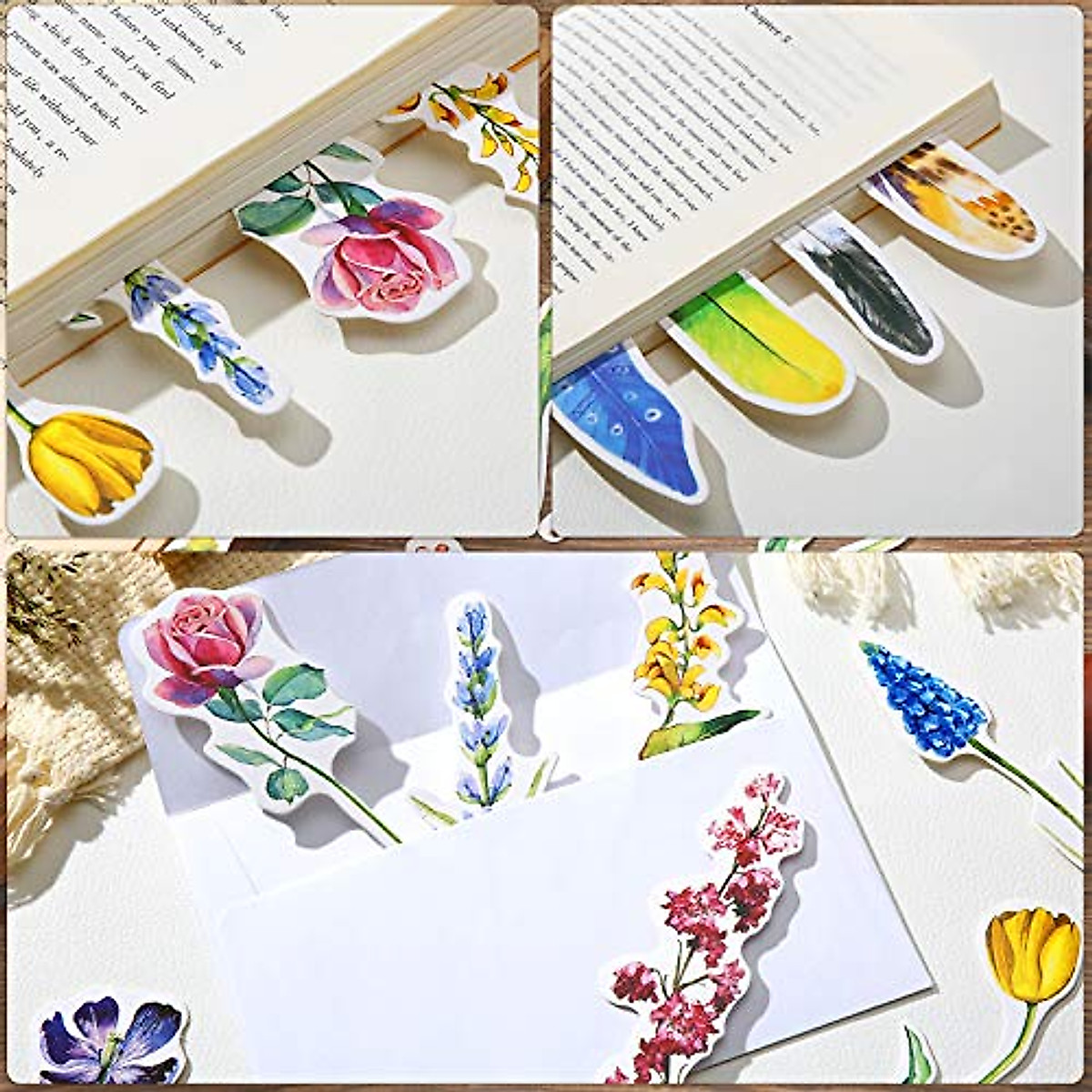 120 Pieces Colorful Flower Feather Shaped Bookmarks Floral Bookmark Card Feather Bookmark Paper Bookmark for Kids Woman Teacher Students Reading Planner Books School Office, 60 Designs
