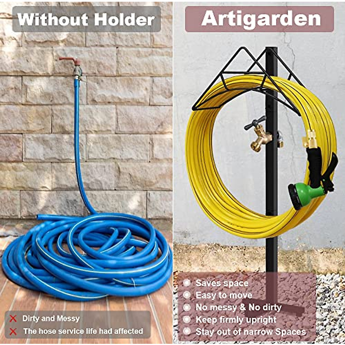 Artigarden Outdoor Hose Holder Stand with Brass Spigot Faucet - Freestanding Metal Water Pipe Extension Hanger Stake Heavy Duty Storage Organizer for Garden Lawn & Backyard
