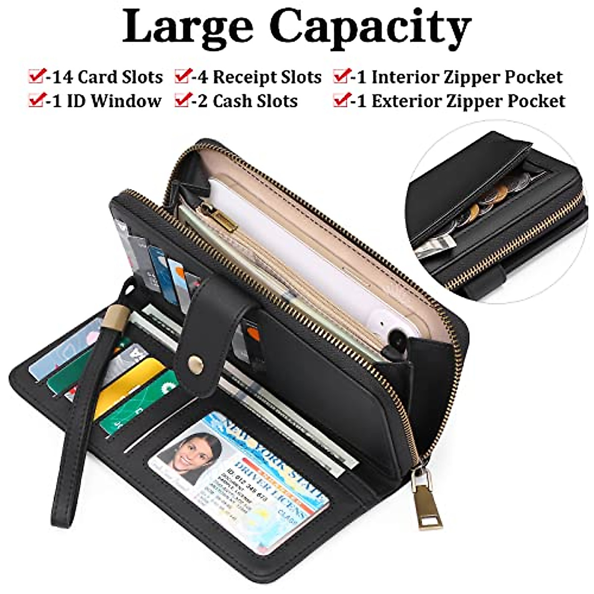 GAEKEAO Womens Wallet RFID Blocking Leather Zip Around Wallet Clutch Wristlet Large Capacity Travel Long Purse