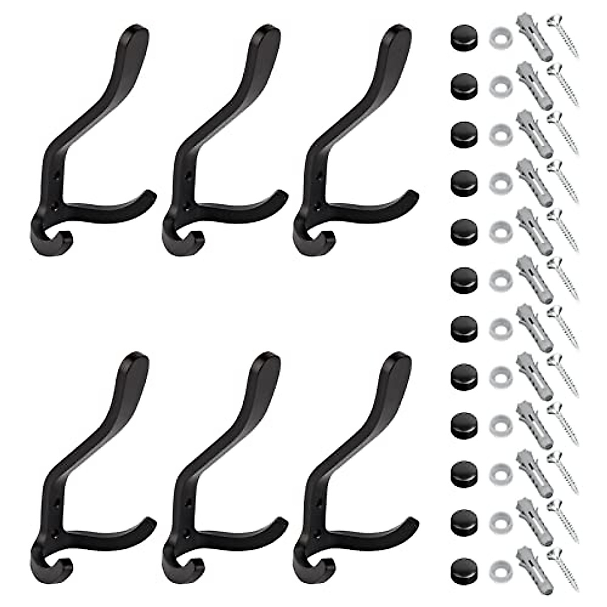 6Pcs Double Prong Coat Hooks Hardware, Towel Hooks Wall Mounted with 12 Screws, Metal Hooks for Hanging Coats, Towel, Hat, Key, Bag, Black