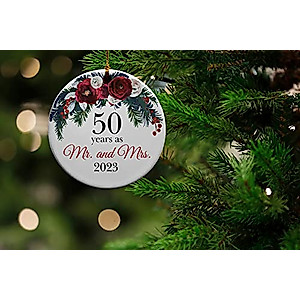 50 Years as Mr. and Mrs. Ceramic Christmas Tree Ornament Collectible Holiday Keepsake 2.875" Round Ornament in Decorative Gift Box with Bow- Perfect 50th Wedding