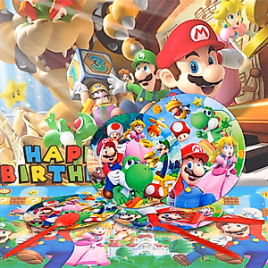 104 PCS Marrio Birthday Party Supplies, Cute Marrio Birthday Party Decorations with Marrio Birthday Plates, Birthday Banner, Balloons, Knives, Forks, Spoons, Napkins, Backdrop, Tablecloth, Cake Topper