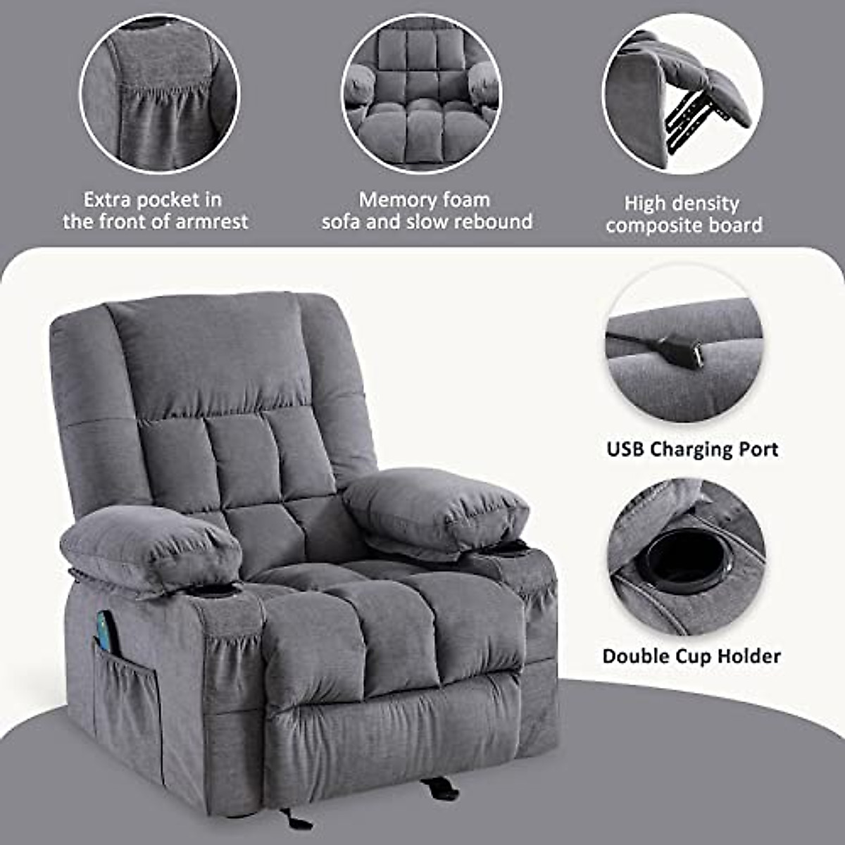 BOSMILLER Massage Rocker Recliner Chair with Vibration Massage and Heat Ergonomic Lounge Chair for Living Room with Rocking Function and Side Pocket, 2 Cup Holders, USB Charge Port