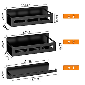 Mamajardin 5 Pack Magnetic Spice Rack for Refrigerator with Paper Towel Holde, Metal Spice Rack Organizers with 4 Moveable Hooks, Black Magnetic Shelf for Fridge Storage, Perfect Gifts