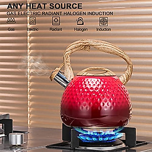 Tea Kettle, Stovetop Teapot, 2.7 Quart, Loud Whistle, Food Grade Stainless Steel and Smooth Wood Pattern Handle, Sophisticated Look for Hiking, Picnic, for Tea, Coffee, Milk (Red)