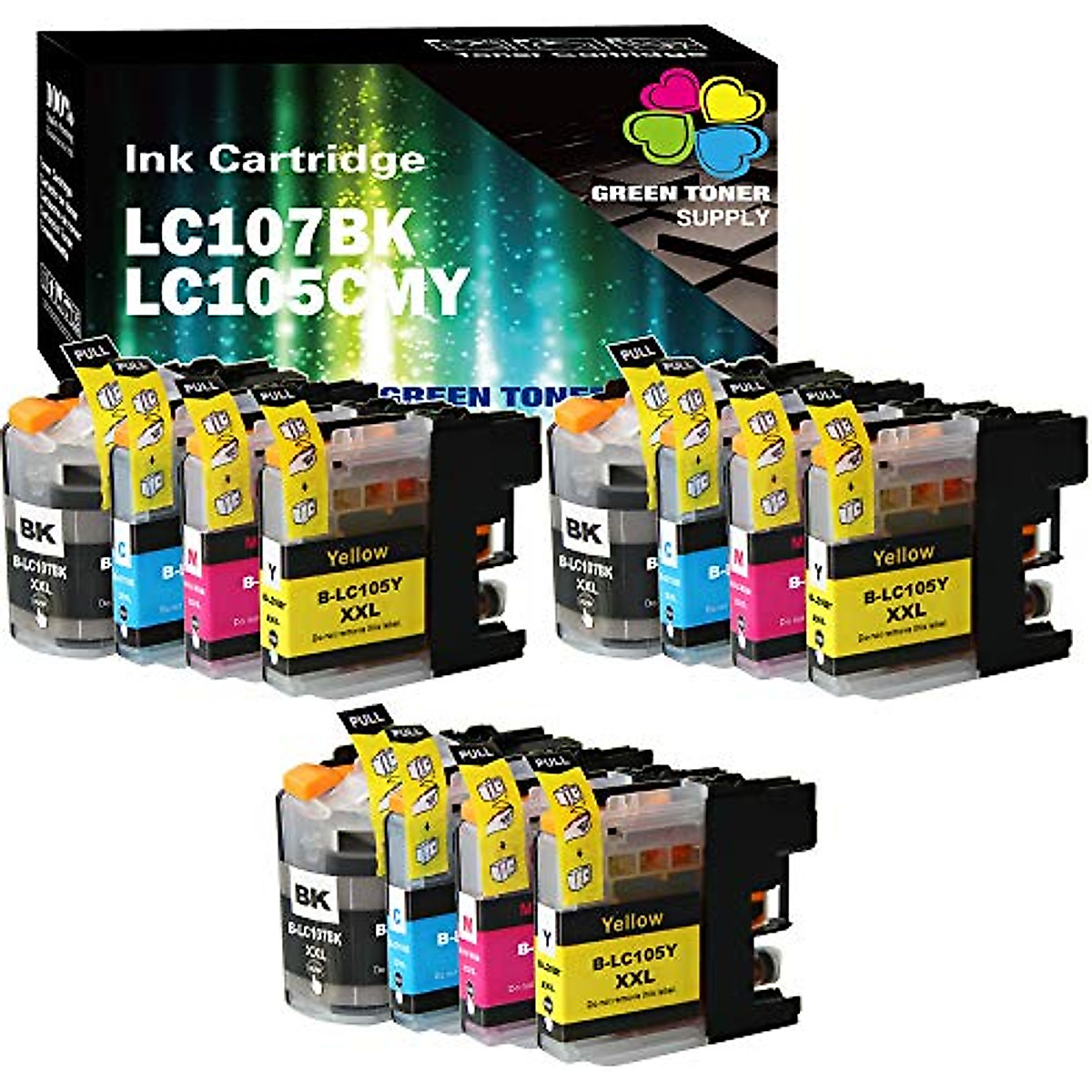 (Pack of 12) Green Toner Supply Compatible Replacement for Brother LC107 LC105 Ink Cartridge LC 107 105 (LC107BK LC105 CYM, 3B/3C/3Y/3M) Work for MFC-J4310DW MFC-J4410DW MFC-J4510DW MFC-4610DW Printer