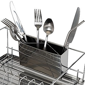 Kitchen Details 3 Piece Dish Rack | Drain Tray | Cutlery Holder | Countertop | Organizer | Holds 13 Dishes | Chrome