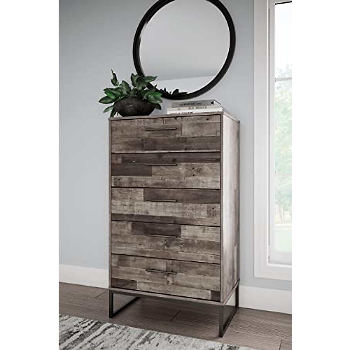 Signature Design by Ashley Neilsville Industrial 5 Drawer Chest of Drawers with Smooth-Gliding Drawers and Safety Stop, Gray