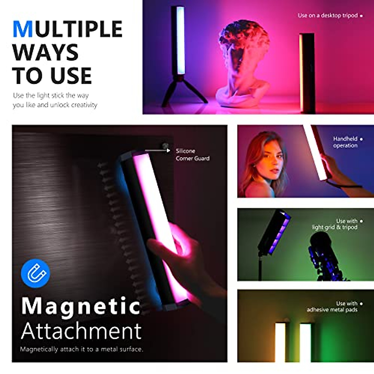 NEEWER RGB LED Video Light Stick, Touch Bar & APP Control, Magnetic Handheld Photography Light, Dimmable 3200K~5600K CRI98+ Full-Color LED Light with 6400mAh Built-in Battery, 17 Light Scenes - RGB1