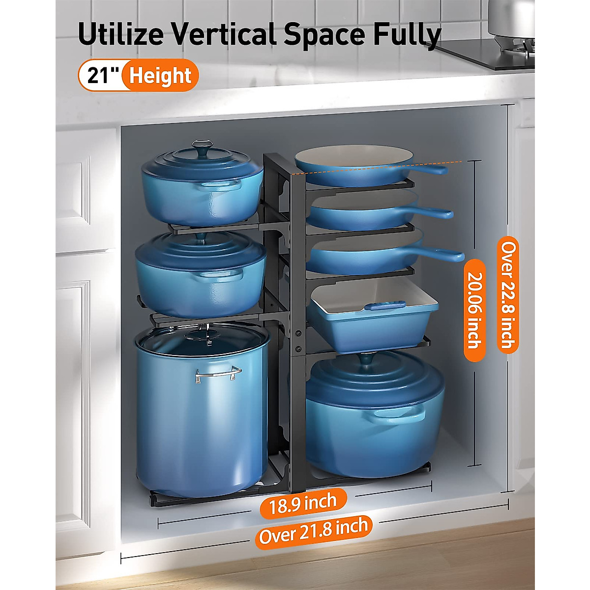 ORDORA Pots and Pans Organizer: under Cabinet, 21" Height Heavy Duty 120LBS Pots Pans Organizer Rack for under Cabinet 8-Tier Adjustable for Big Stockpots, Dutch Ovens, Cast-iron Pans, Heavy Cookware