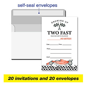 VAHATAN Car Racing Second Birthday Party Invitations 20 Pack Car Racing 2nd Birthday Party Invitations with Envelopes Invites Cards