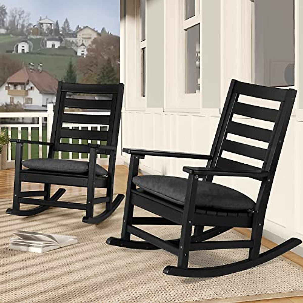 Patio Rocking Chair Outdoor 2-Piece, All Weather Resistant Comfort Rocker Chair, Porch Rocker Table Set w/Cushion of Detachable Cover, Both Outdoor and Indoor, for Patio Living Room Lawn Garden