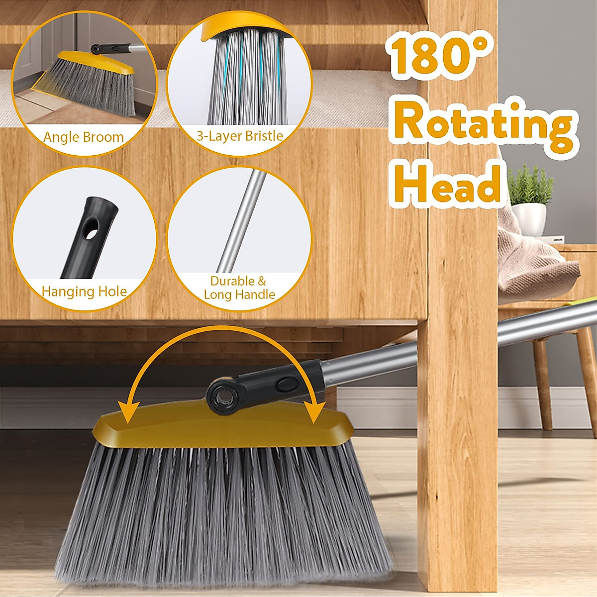 ZNM Kitchen Brooms for Sweeping Indoor, Soft Bristle Broom Indoor Angle Broom with 55.1" Long Handle for House Office Outdoor Cleaning, 10.6" Wide Heavy Duty Broom - Build-in Microfiber Duster