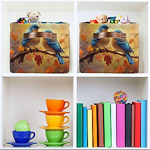 Large Storage Basket Blue Birds Autumn Storage Bin Cube Canvas Fabric Organizer Handles Collapsible for Clothes Toys Bedroom Decorative