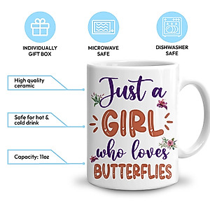 Hyturtle Personalized Gifts Butterfly Lover - Just A Girl Who Loves Butterflies Custom Name Ceramic Coffee Mug Cup 11oz - Idea Cute Animal Lover Gifts For Women, Girl Daughter On Birthday, Christmas