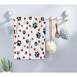AOYEGO Cute Colorful Paw Print Bath Towels Lovely Puppy Animal Dog Cat Footprint Red Hearts Kitchen Hand Towels Bathroom Decor Soft Beach Microfiber Hair Towels 15x30 Inch
