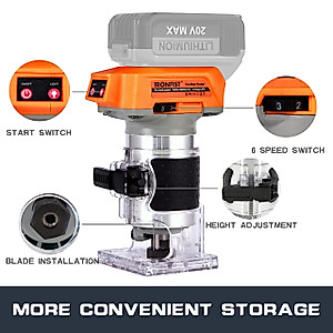 IRONFIST Cordless Palm Router for DEWALT 20V MAX Battery, Wood Trimmer Woodworking Trimmer Brushless Motor 6 Speeds Adjustable 1/4" Collet Suitable for Home Repairing, DIY, Carving (NO Battery)