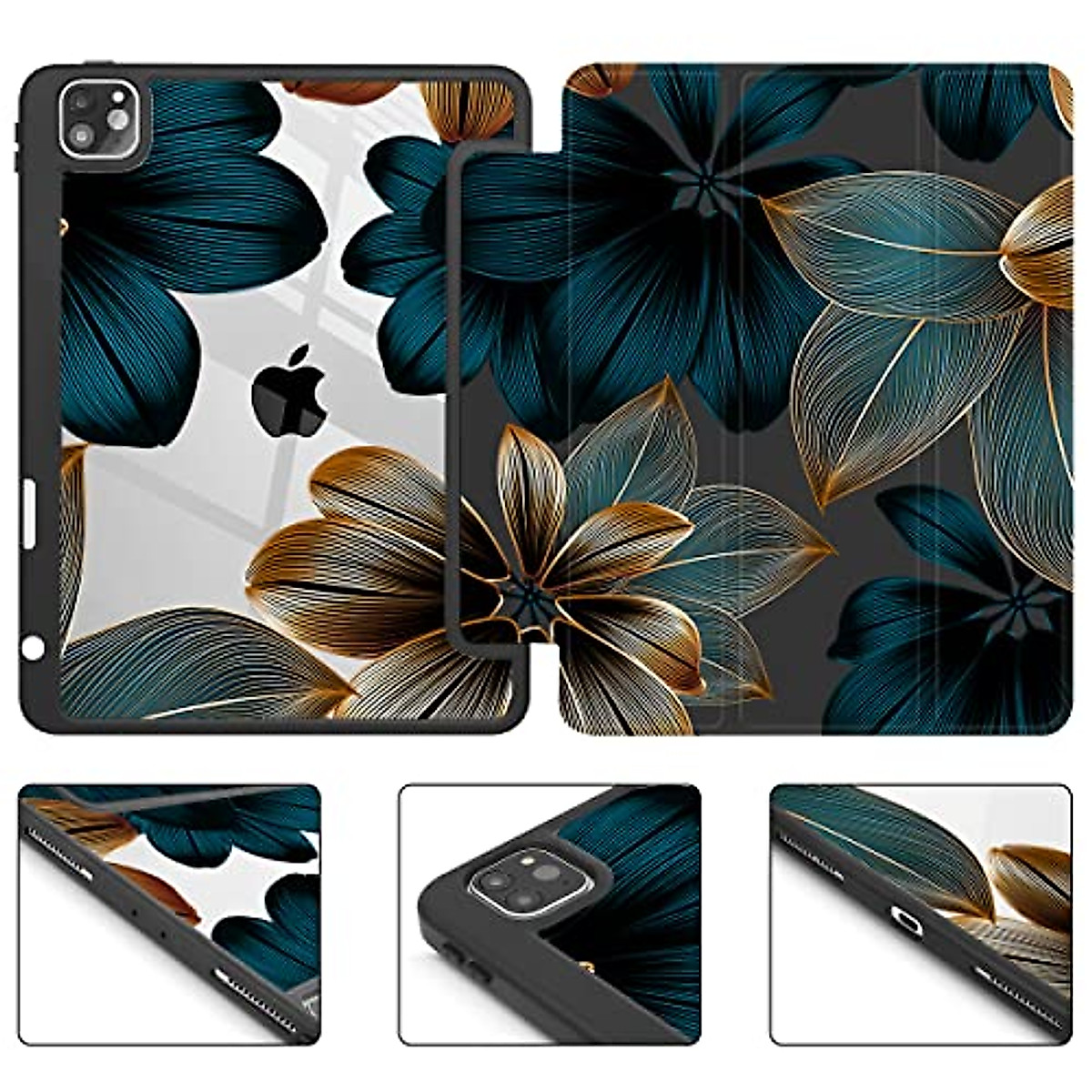 Lepeoac Designed for iPad Pro 12.9 Inch (2022/2021/2020/2018, 6th/5th/4th/3st Generation) with Transparent Shockproof Back Cover [Built-in Pencil Holder] Auto Sleep/Wake, Luxury Leaves