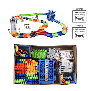 Vokodo Race Car Track Set Toy Educational Twisted Flexible Tracks 240 Pcs 2 Cars Toy with Lifter, Bridge ,Trees, Gas Station for Kids Children Toys