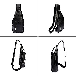D.LerBung Men's Sling Bag Leather Chest Shoulder Backpack Water Resistant Anti Theft Crossbody Bag with USB Charge Port Black