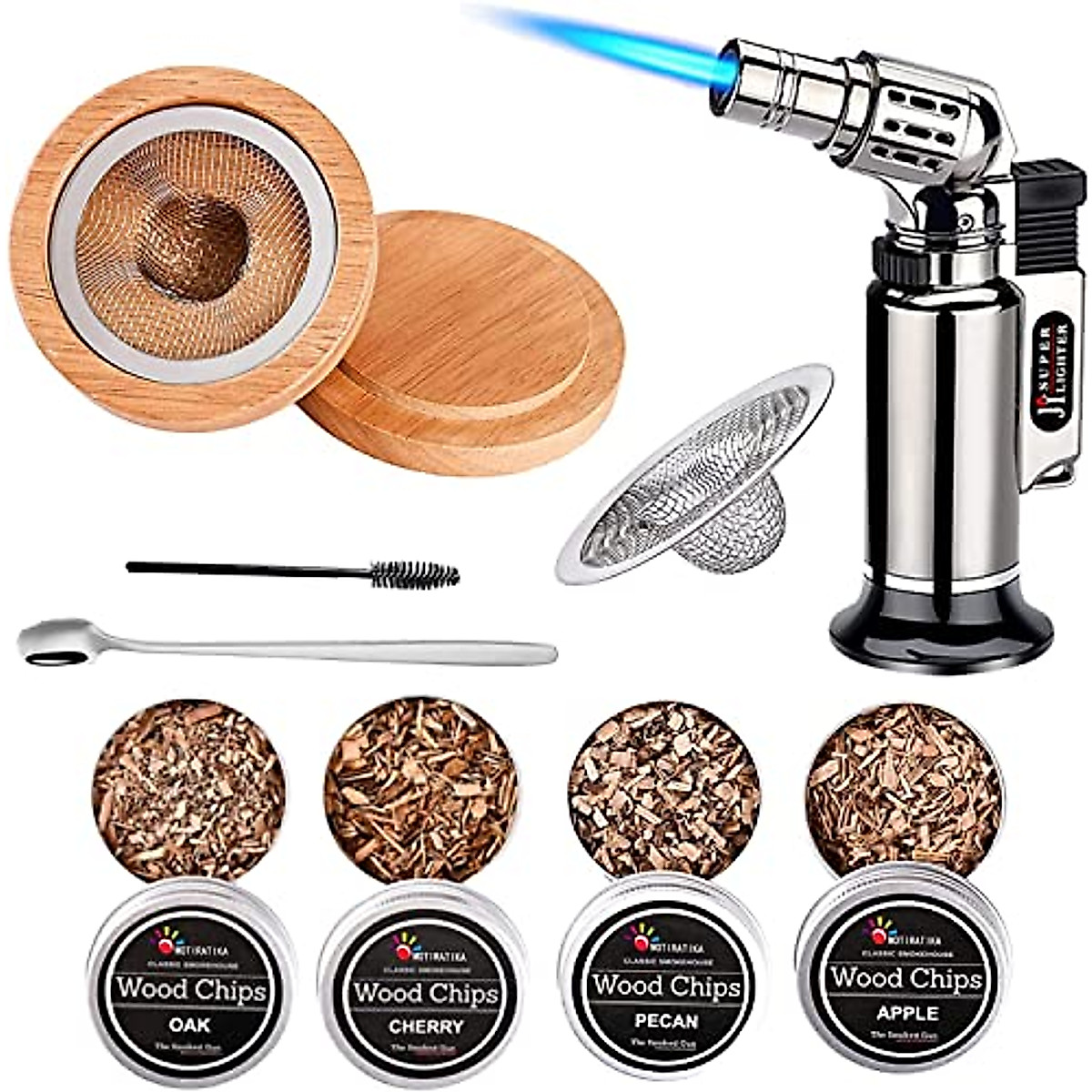 OWAYIDA Cocktail Smoker Kit with Torch, Whiskey Smoker Kit, Old Fashioned Cocktail Kit, 4 Flavors Wood Chips, Bourbon Whiskey Gifts for Men, Dad and Husband - Great Fathers Day Gifts (Without Butane)