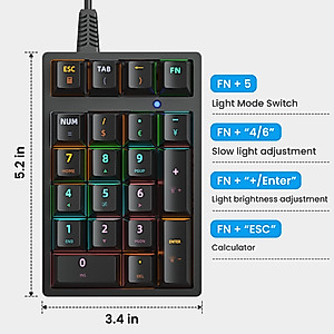 JPHTEK Number Pad, Mechanical USB Wired Numeric Keypad with RGB LED Backlit 21 Key Numpad,Mechanical Numeric Keypad for Laptop Desktop Computer PC Blue Switch