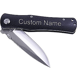 Personalized Add Your Custom-Made Text Folding Aluminum Engraved Name Customized Pocket Hunting Personal Knife with Pocket Clip (Black Handle)