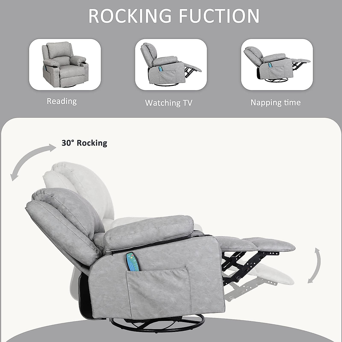KCREAM Swivel Recliner Chairs with Massage and Heat,Leather Recliner Chairs Sofa Rocker Chair with Side Pocket Manual Reclining Chair Rocking Recliner with Drink Holders for Living Room,Grey